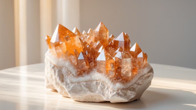Illuminated Orange Crystal Geode in Off White Stone on White Surface ...