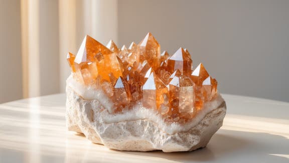 Illuminated Orange Crystal Geode in Off White Stone on White Surface ...