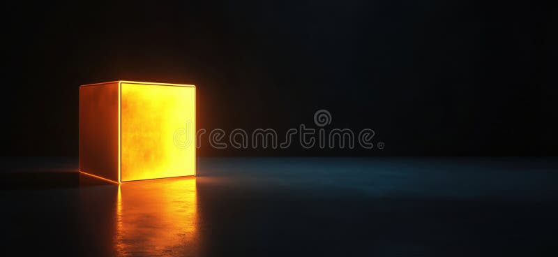 Illuminated Orange Cube in Dark Environment with Reflective Surface and ...
