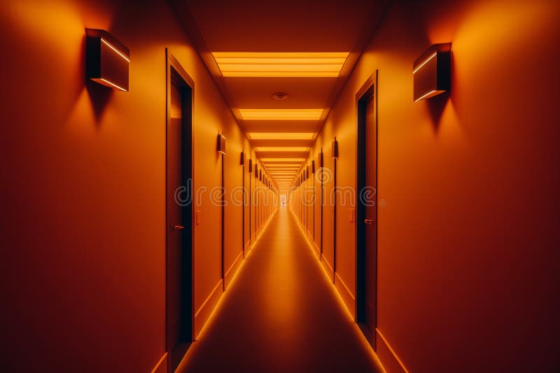 Illuminated Orange Empty Hotel CorridorGenerative AI Stock Illustration ...