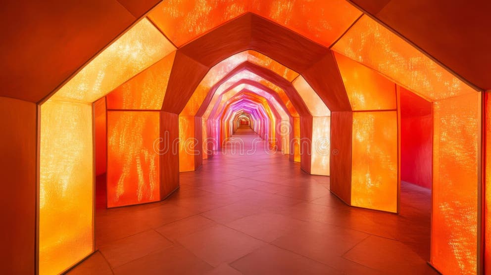 Illuminated Orange Geometric Tunnel Architecture Interior Perspective ...