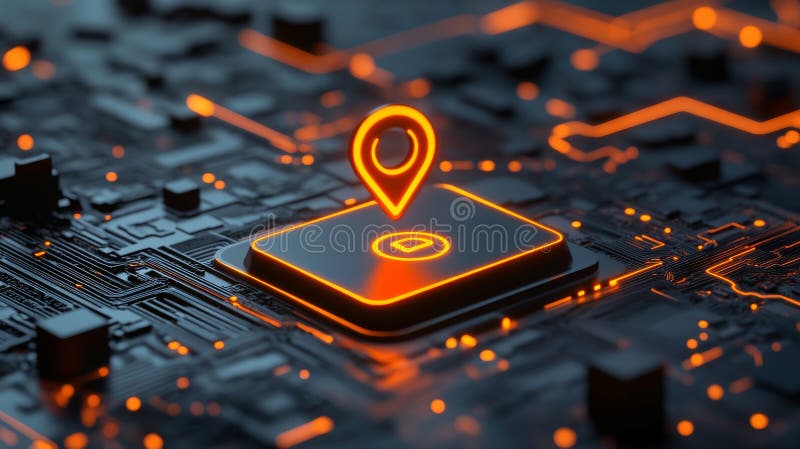 An Illuminated Orange Location Pin on a Digital Circuit Board ...