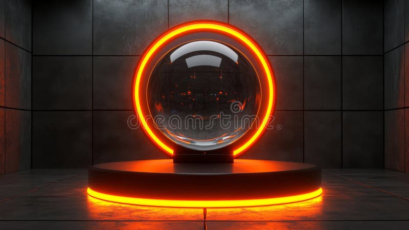 The Illuminated Orange Platform Features a Futuristic Glass Sphere ...