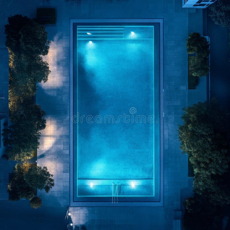 Illuminated Outdoor Pool at Night with Surrounding Trees and Pathways ...