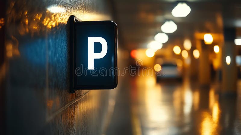 Illuminated P Sign in a Dimly-lit Parking Garage. Stock Image - Image ...