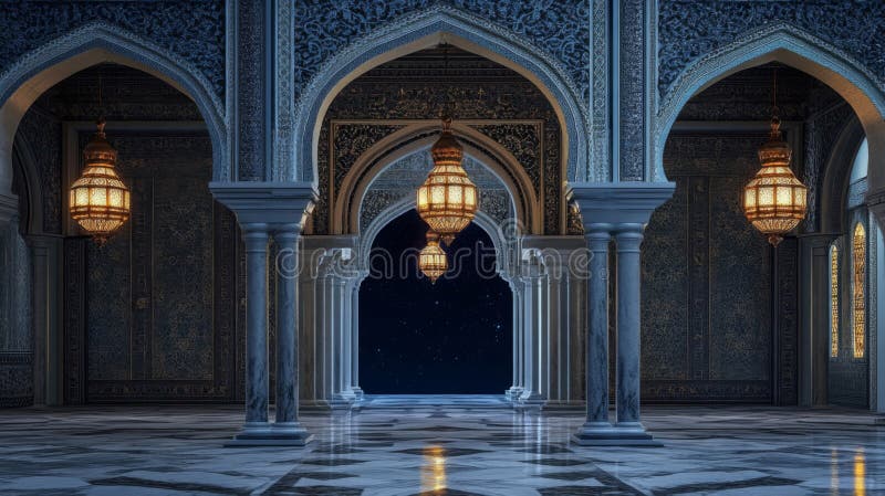 Illuminated Palace Hall at Night with Starry Sky View Stock ...