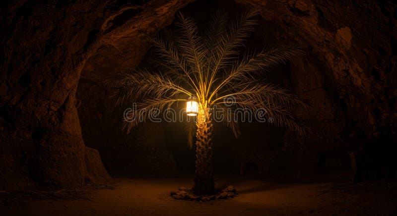 Illuminated Palm Tree in a Mysterious Cave at Night: a Serene and Eerie ...