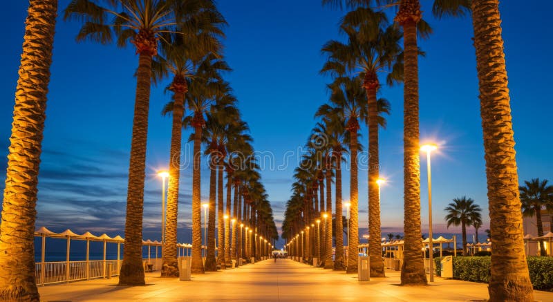 Illuminated Palm Tree Promenade at Night Stock Illustration ...