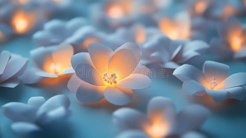 Illuminated Paper Flowers Softly Glowing Blue Background Stock ...