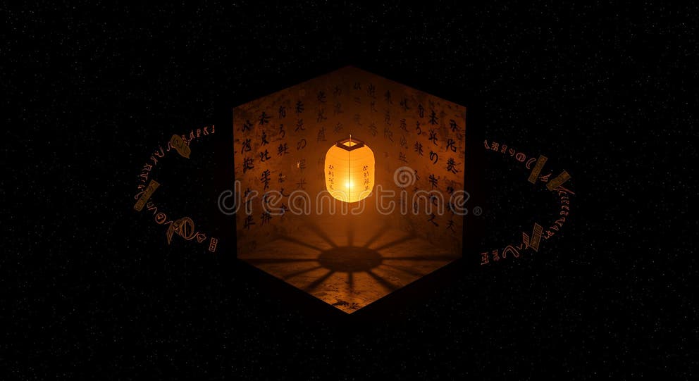 Illuminated Paper Lantern with Asian Script on Cube in Dark Space Stock ...