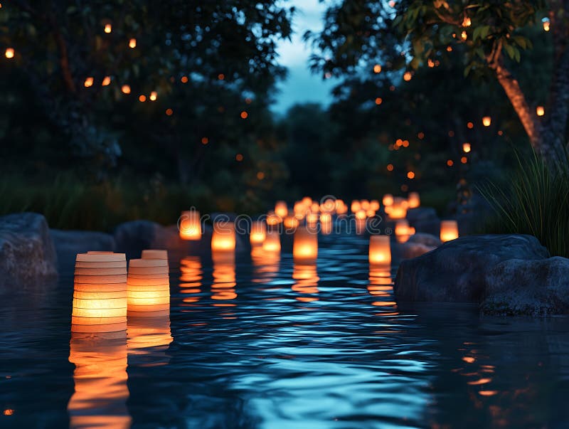 Paper Lanterns Floating Down a River at Night Stock Illustration ...
