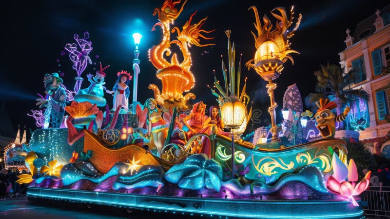 Illuminated Parade Float at Night Stock Photo - Image of characters ...