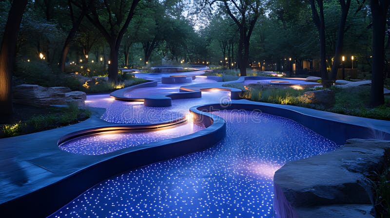 Illuminated Park Pathway, Meandering Water Feature, Tranquil Evening ...