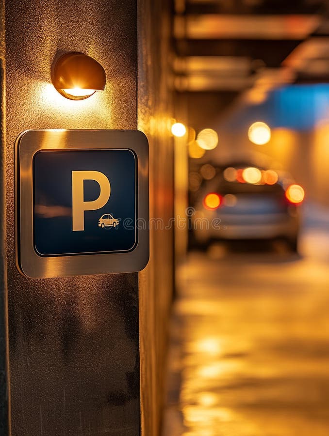 Illuminated Parking Sign with a Blurred Car in a Dimly Lit Garage ...