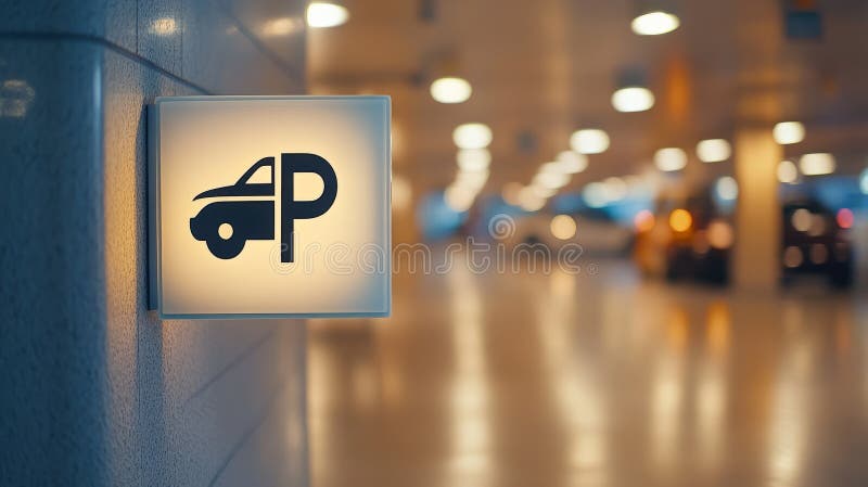 Illuminated Parking Sign in a Garage Setting. Stock Image - Image of ...