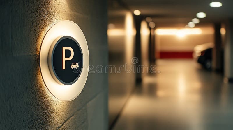 Illuminated Parking Sign in a Modern Garage Stock Photo - Image of ...