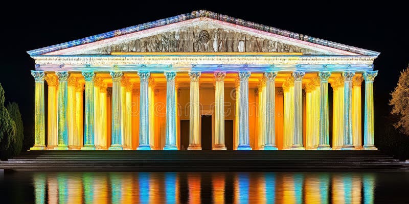 Illuminated Parthenon Replica Reflecting in Water at Night with ...