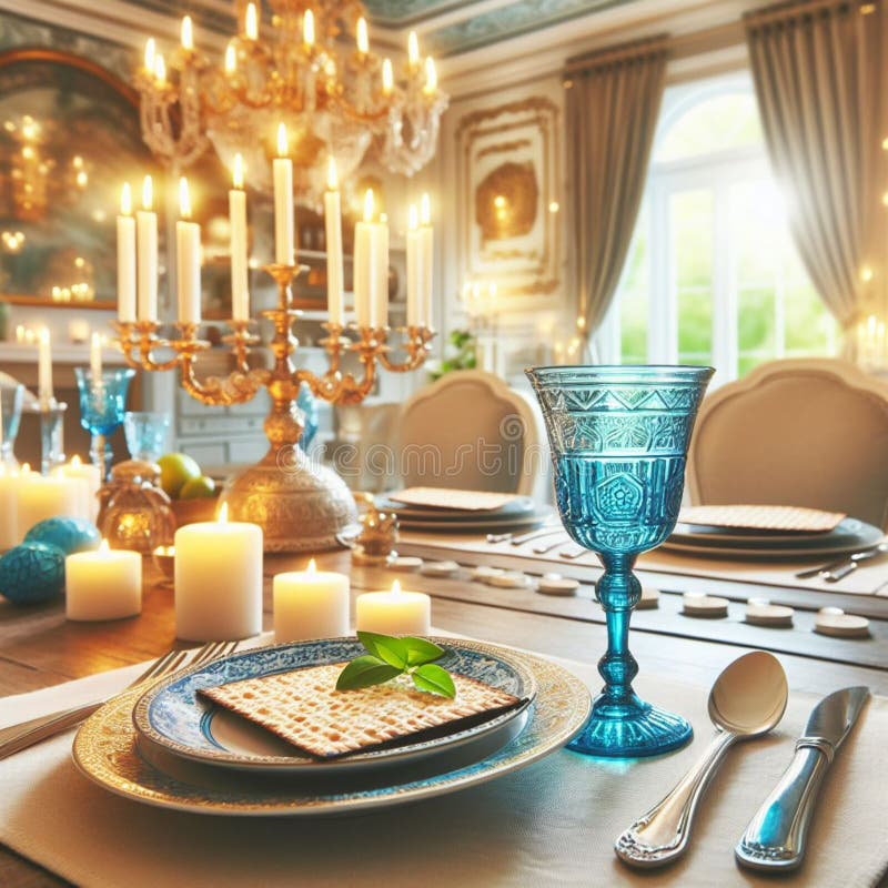 Illuminated Passover Seder Table with Traditional Symbols and Elegance ...