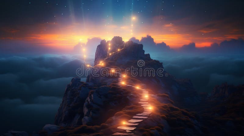 Illuminated Path Ascending the Mountain. Generative Ai Stock ...