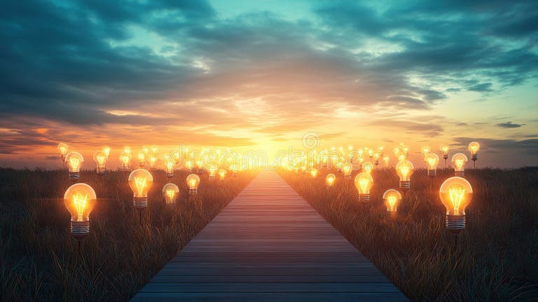 Illuminated Path Ideas Leading To Sunset Success Stock Photo - Image of ...