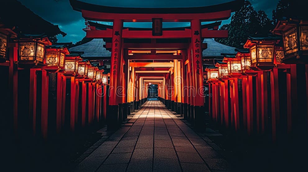 Illuminated Path through Japanese Shrine Gates at Night Stock Photo ...