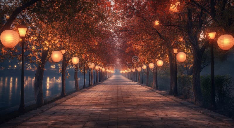Illuminated Path Lined with Lanterns among Autumn Trees in a Tranquil ...
