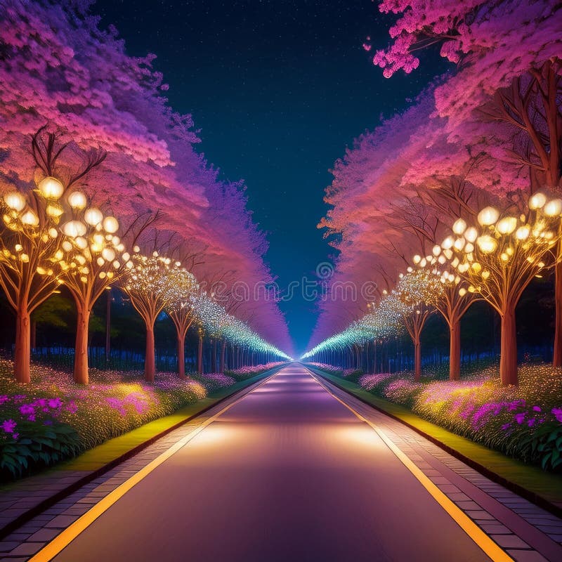 Illuminated Path Lined by Trees Under a Starry Sky Generative AI Stock ...