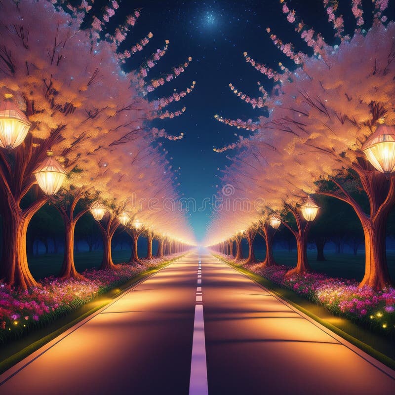 Illuminated Path Lined by Trees Under a Starry Sky Generative AI Stock ...