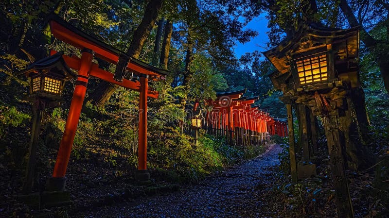 Illuminated Path Red Gates Forest Japan Night Travel Stock Photos ...