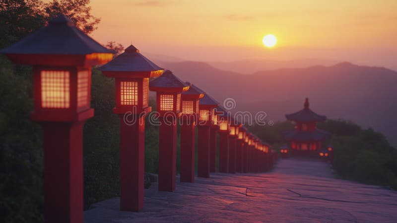 Illuminated Path To Mountain Temple at Sunset Stock Illustration ...