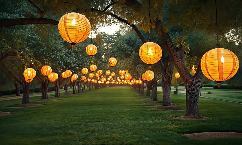 Illuminated Path through Trees with Paper Lanterns Stock Footage ...