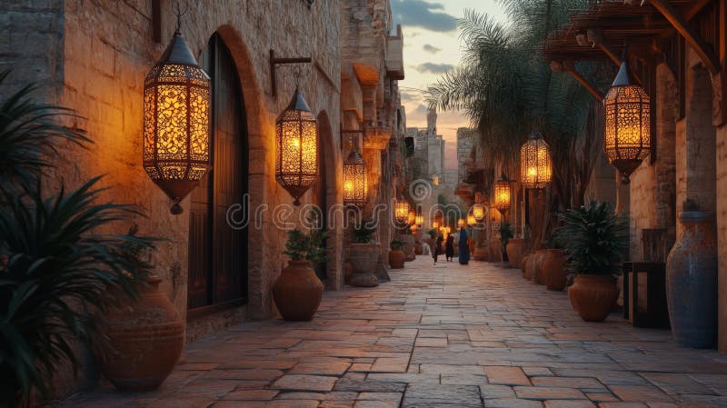 Illuminated Pathway through Ancient Middle Eastern City Stock ...