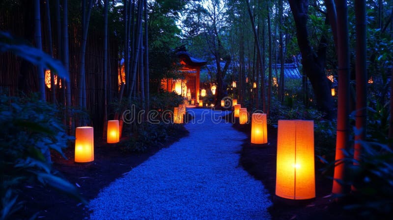 Illuminated Pathway through a Bamboo Garden at Night Stock Illustration ...
