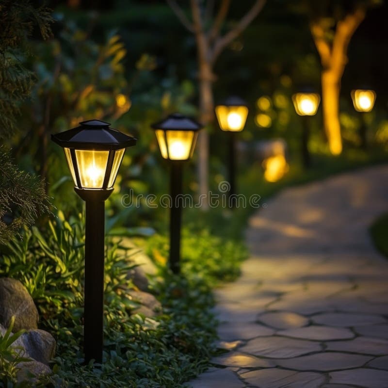 Illuminated Pathway with Black Lantern Posts in a Garden at Night Stock ...