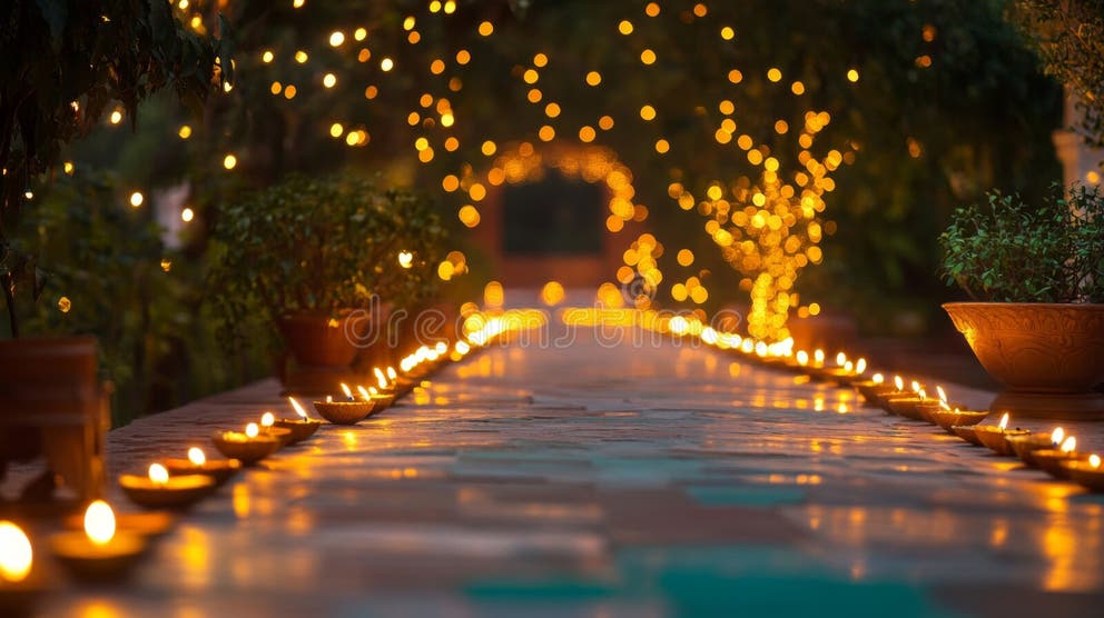Illuminated Pathway with Candles and Festive Lights Stock Photo - Image ...