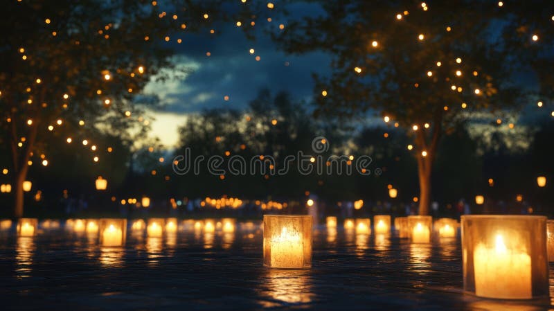 Illuminated Pathway with Candles and Lanterns at Night Stock ...