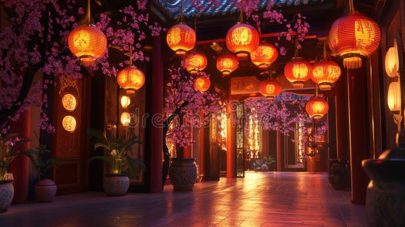 Illuminated Pathway in a Chinese Temple at Night Stock Illustration ...