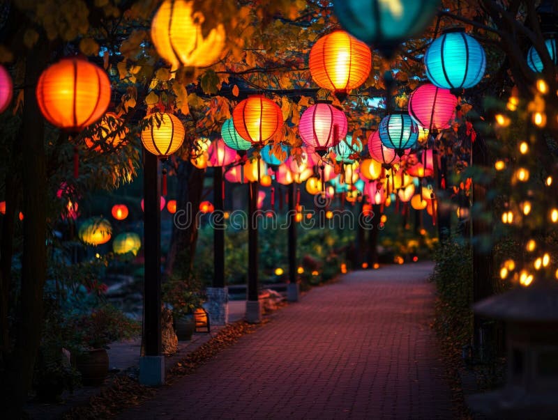 Illuminated Pathway with Colorful Lanterns and String Lights Stock ...