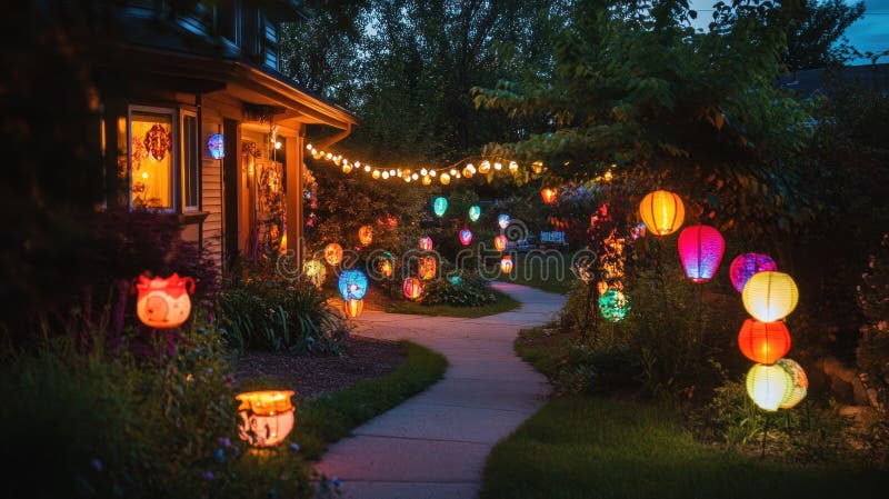 Illuminated Pathway with Colorful Lanterns and String Lights at Night ...