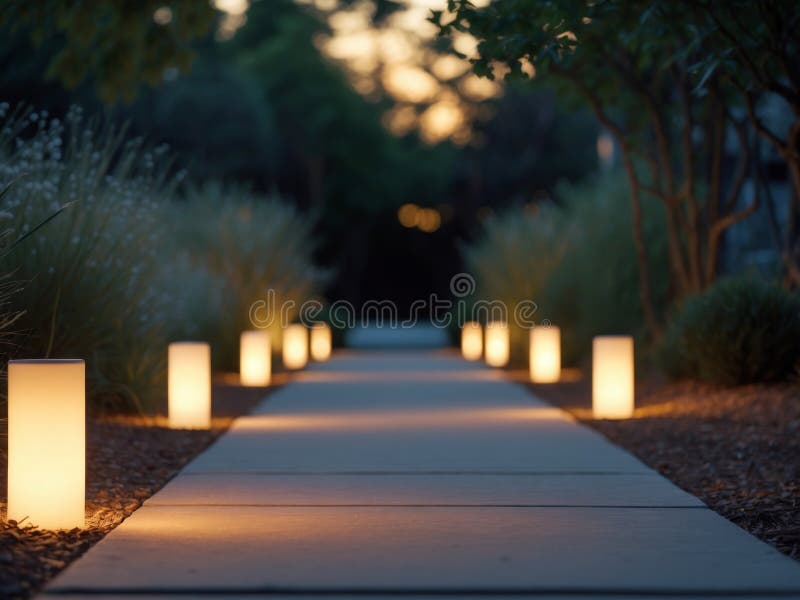 Illuminated Pathway at Dusk, Warm Lighting Guiding the Way through the ...