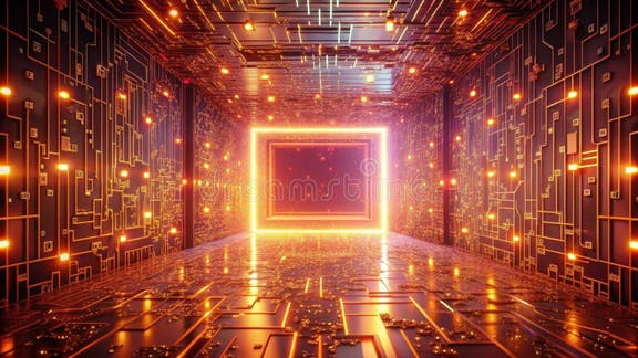 Illuminated Pathway through a Futuristic Circuit Board Corridor ...