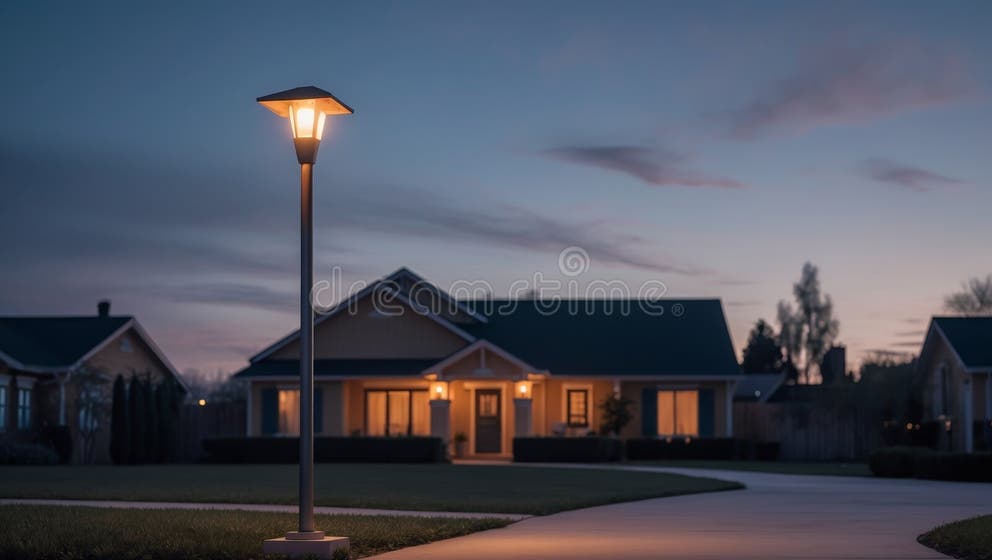 Illuminated Pathway Light Post in Front of Suburban Home at Dusk Stock ...
