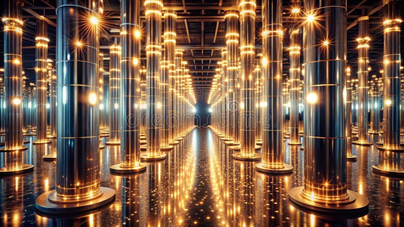 Illuminated Pathway of Metallic Pillars Reflecting Golden Light ...