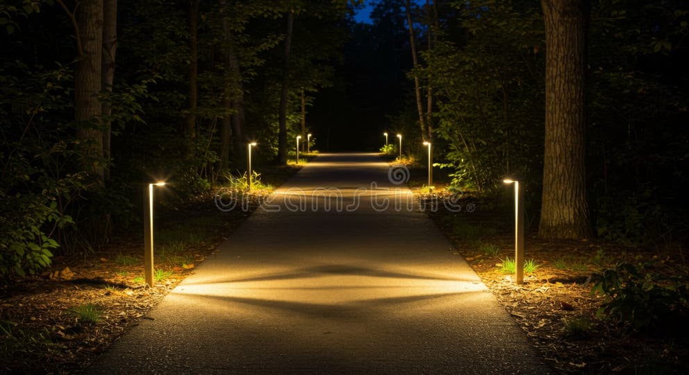 Illuminated Pathway through a Night Forest Stock Illustration ...