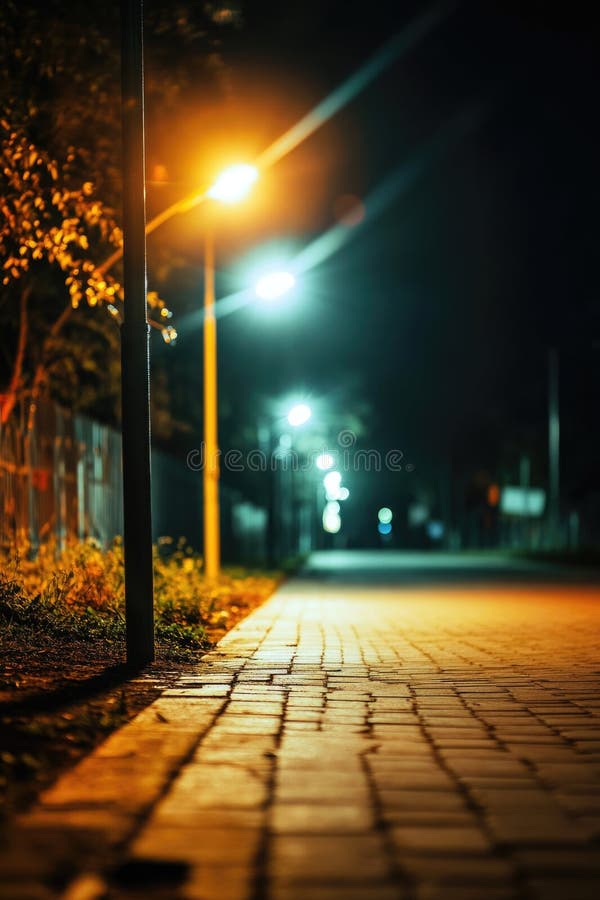 Illuminated Pathway at Night with Glowing Streetlights and Foliage ...