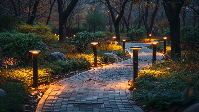 Illuminated Pathway at Night Stock Image - Image of lighting, nighttime ...
