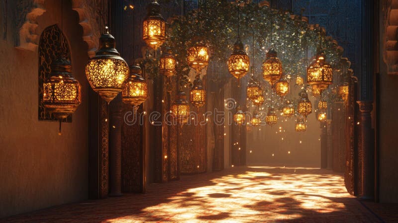Illuminated Pathway with Ornate Lanterns at Night Stock Illustration ...