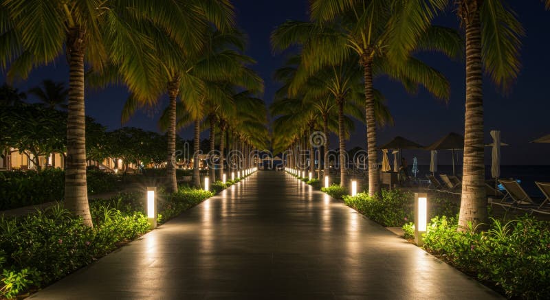 Illuminated Pathway through Palm Trees at Night Stock Illustration ...