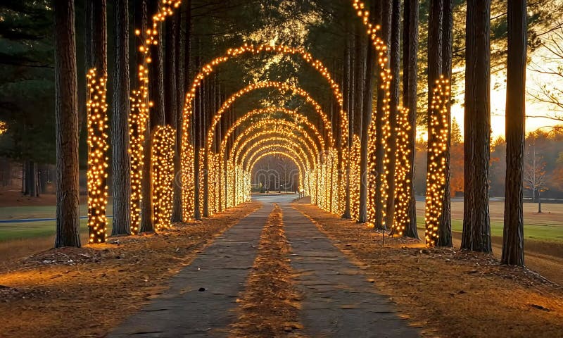 Illuminated Pathway through a Pine Tree Tunnel Stock Video - Video of ...