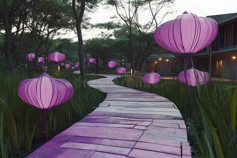 Illuminated Pathway with Pink Lanterns Amidst Greenery during Twilight ...
